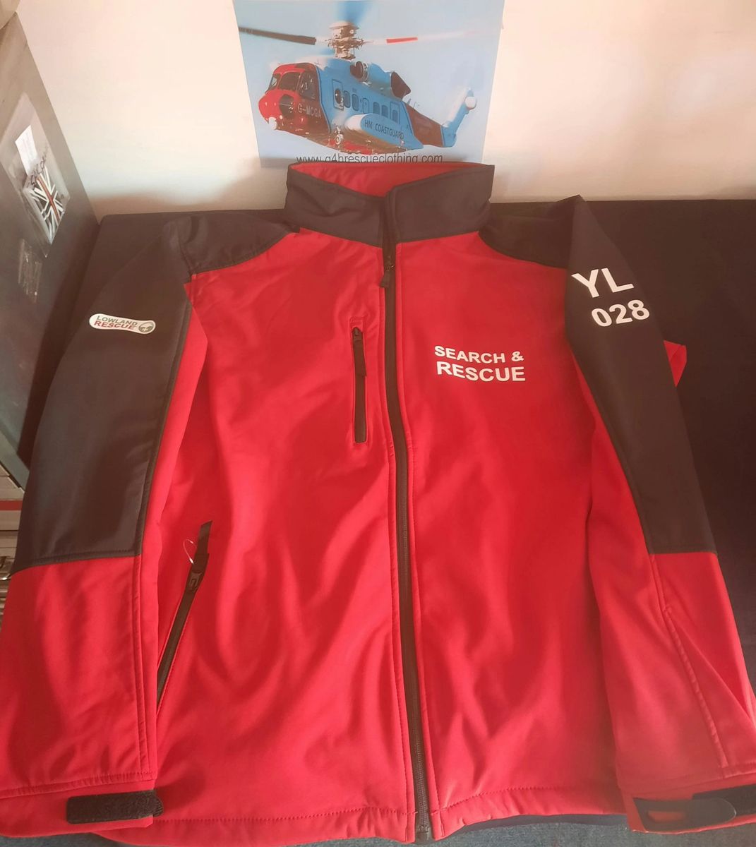 Search And Rescue Softshell jacket, white reflective text.