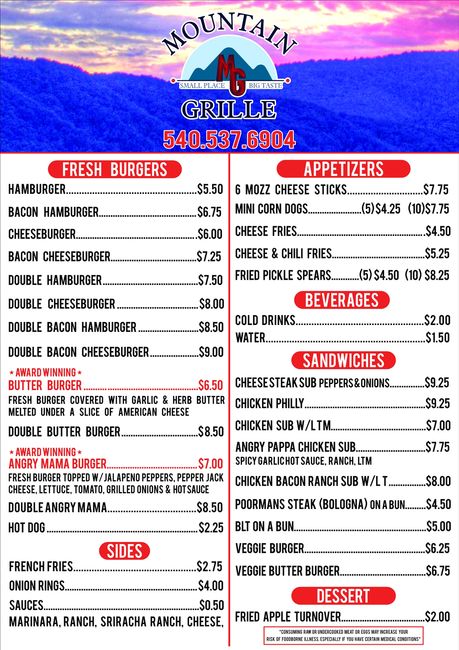Menu | Mountain Grille