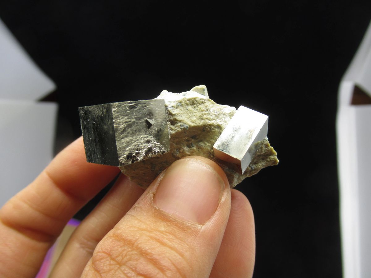 Pyrite Cubes in Matrix with Rare Elongated Cube