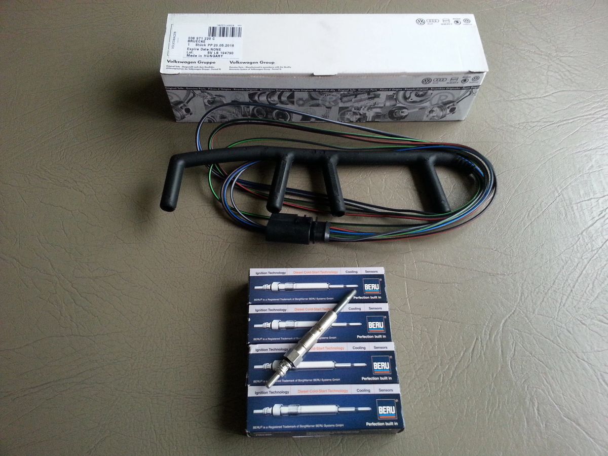 GLOW PLUG SET OEM BERU AND ORIGINAL VW 4 WIRE HARNESS