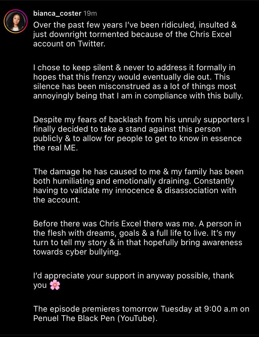 Bianca Coster on Chris Exel stealing her identity