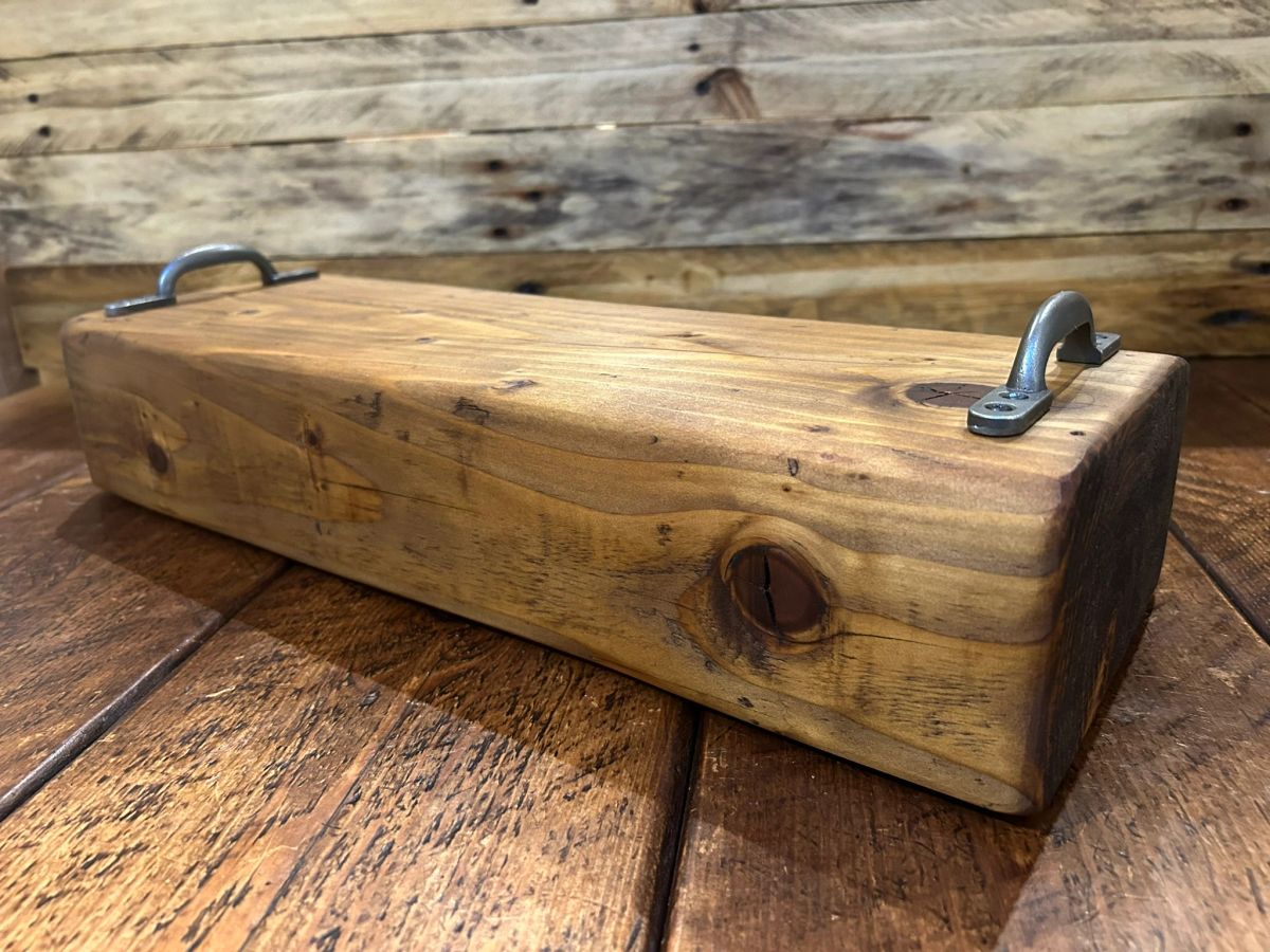 Large Wood Beam Food Serving Board with Cast Iron Handles
