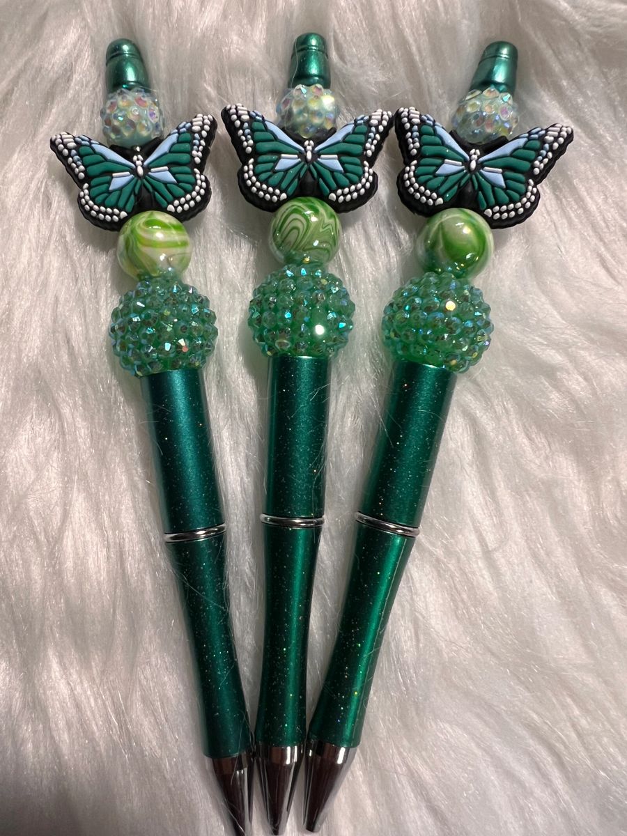 Hand Beaded Green Butterfly Pen