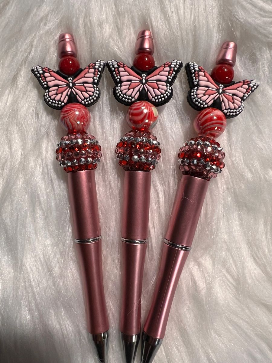 Hand Beaded Pink Butterfly Pen