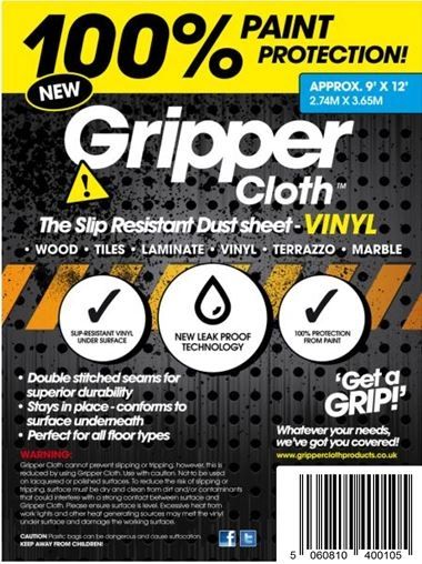 VINYL GRIPPER: 9' X 12' (274CM X 365CM) NON SLIP PAINT PROOF DUST SHEET ...