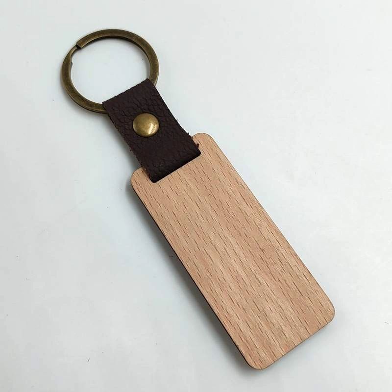 Leather Strap Beechwood Keychains-Rectangle - IN Stock
