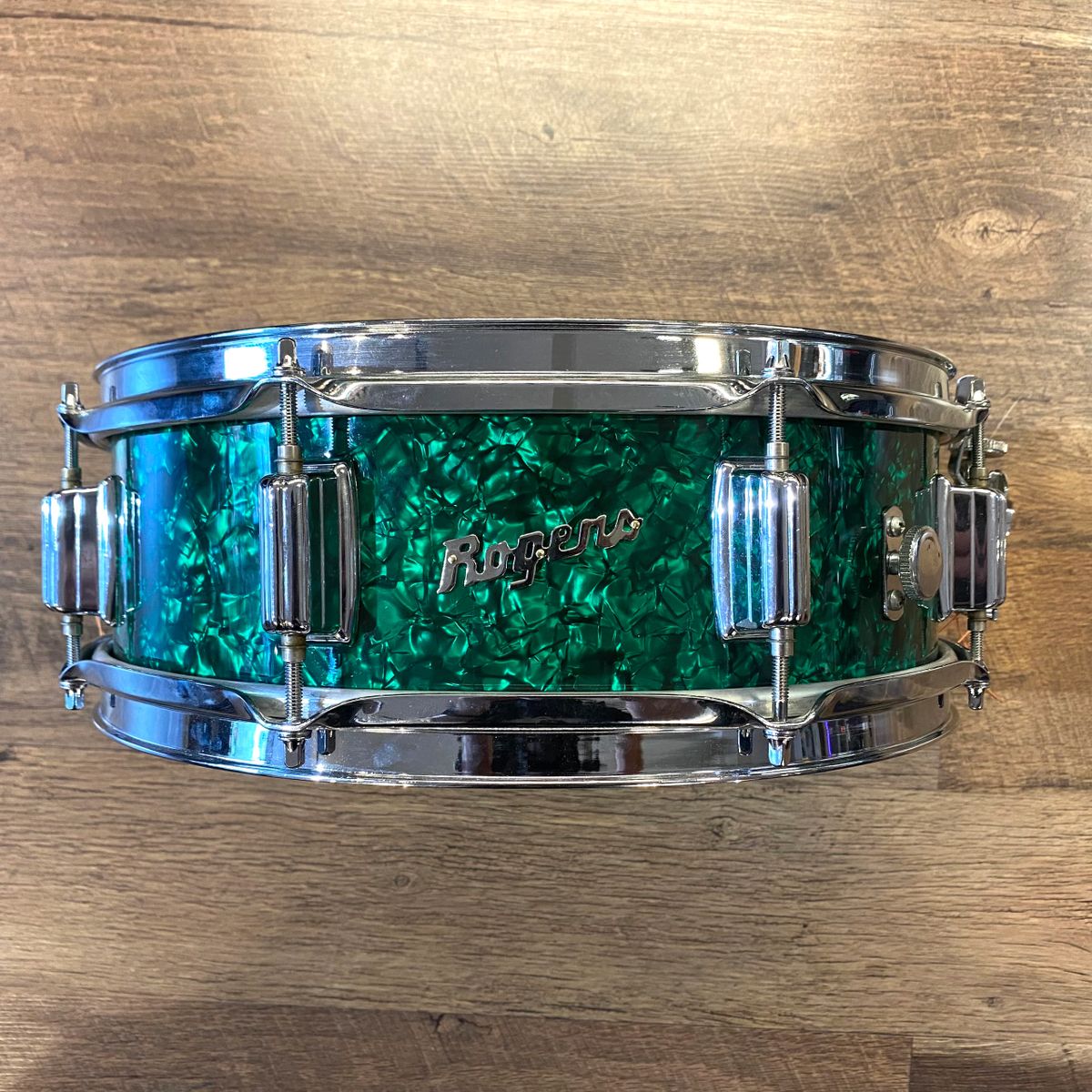 1969 Rogers Powertone Emerald Green Pearl Wrap 5" x 14" Maple Snare Drum