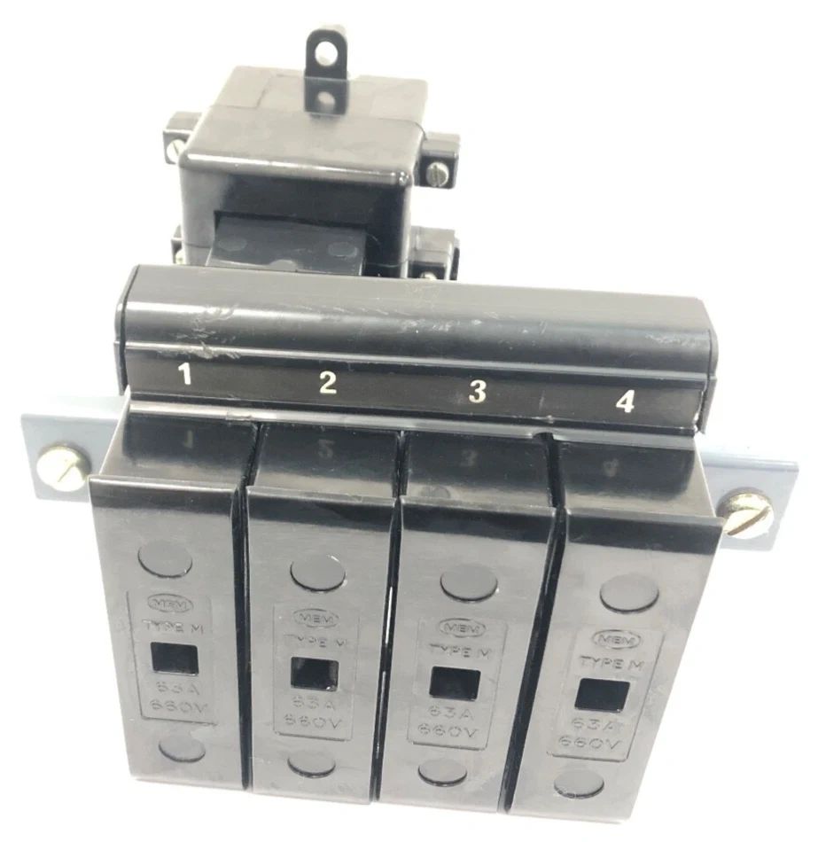 4-Way MEM TYPE M 63Amp HRC Fuse Carrier x4 & Base Busbar Bank Fuse Holder