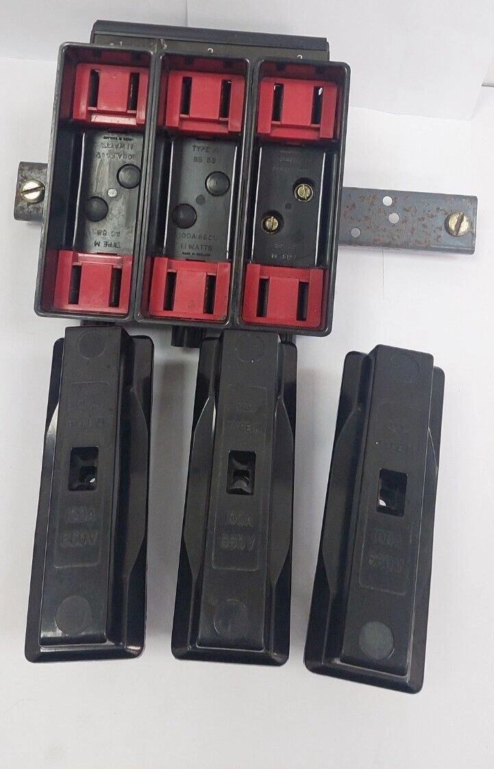 3-Way MEM TYPE M 100Amp Industrial HRC Fuse Carrier x3 & Base Busbar ...