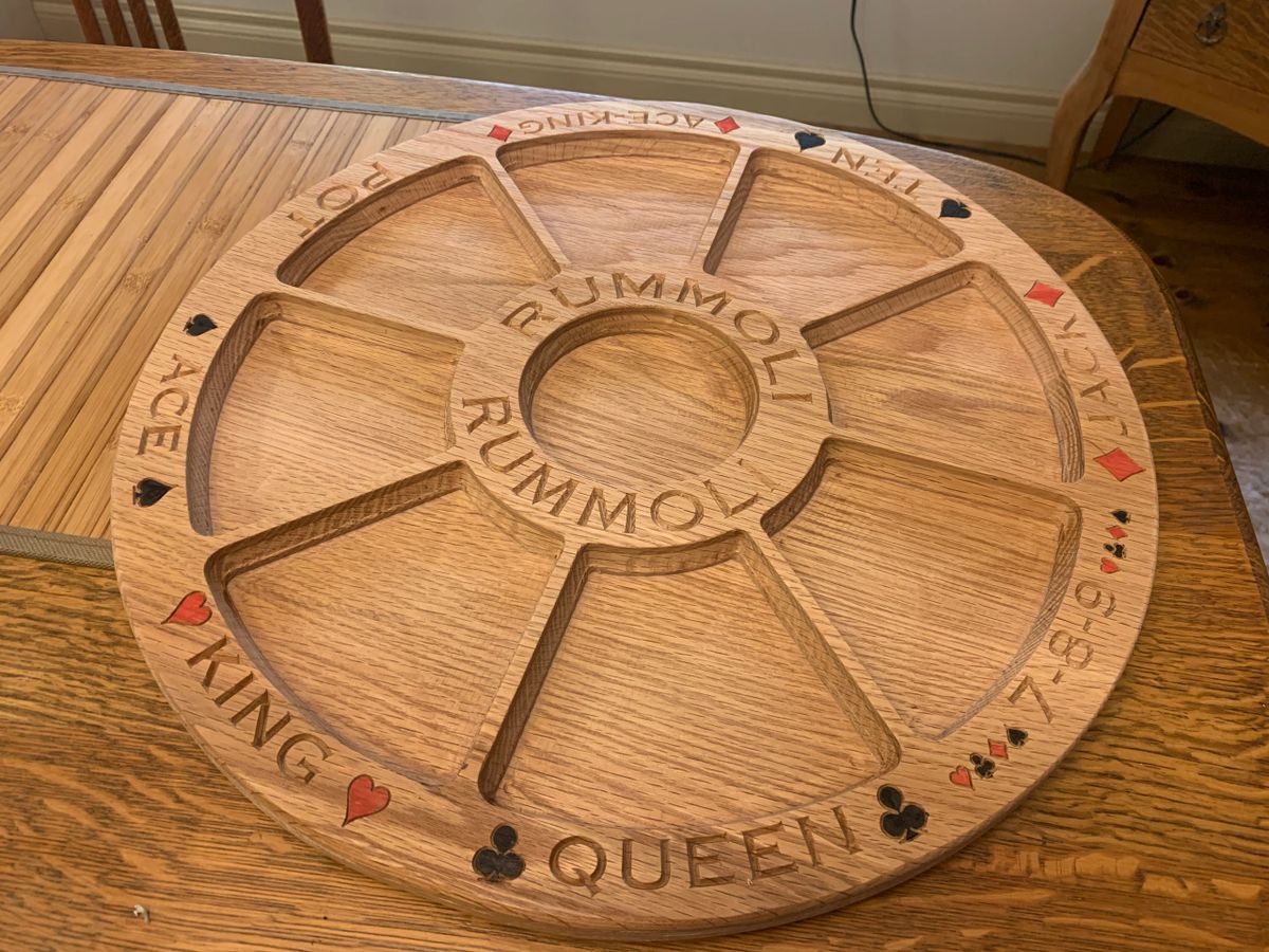 Hardwood Rummoli game board.