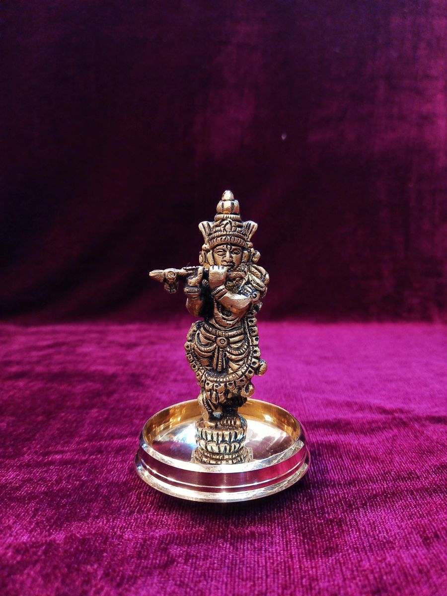 Miniature Lord Krishna Idol In Brass Urli