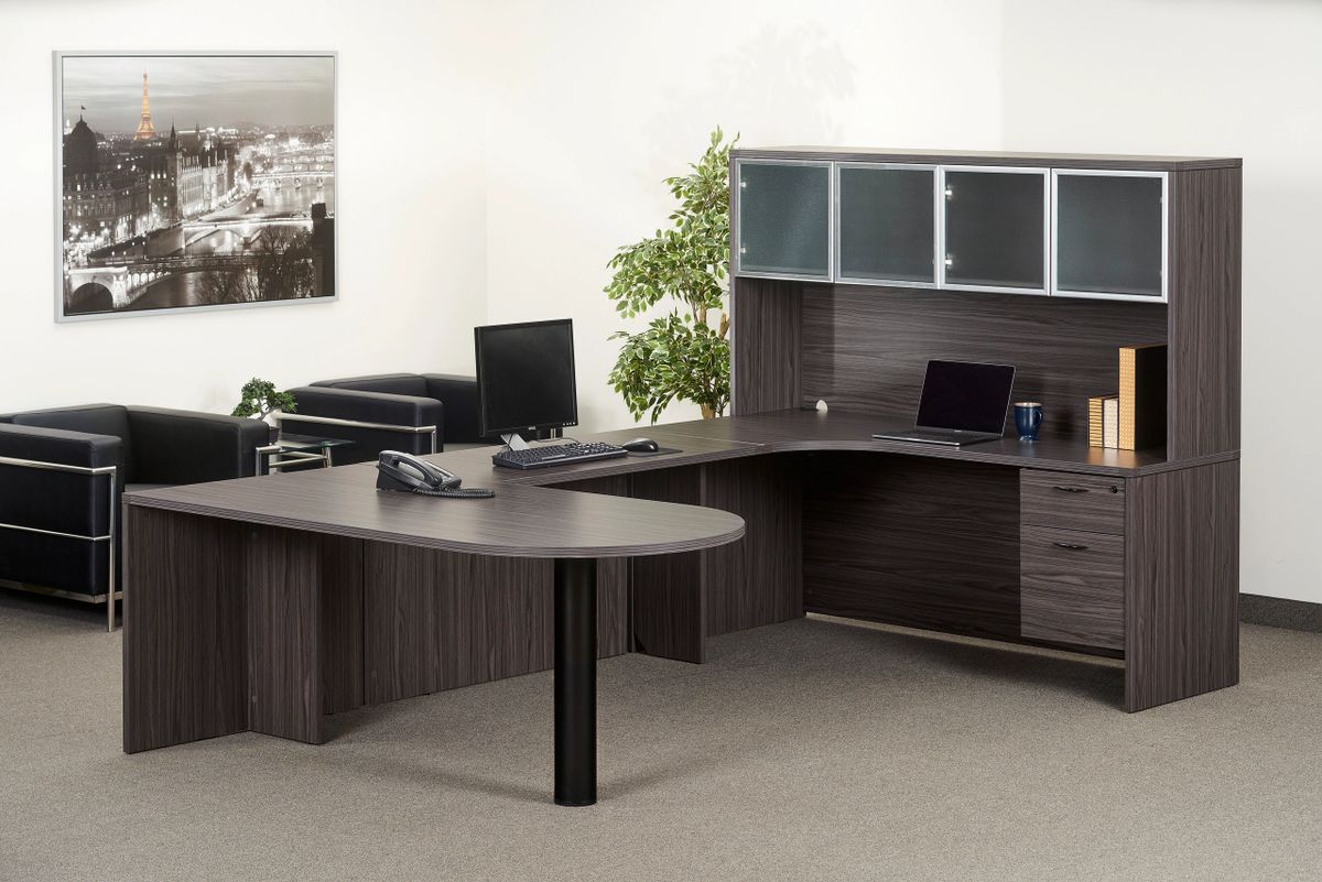 EXECUTIVE U-SHAPED BULLET DESK WITH GLASS DOOR OVERHEAD