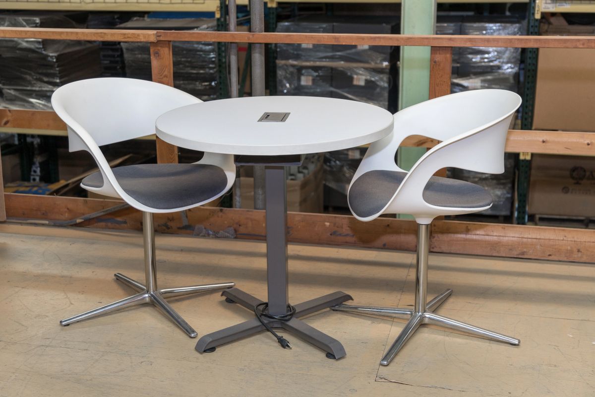 WHITE ROUND TABLE W/ POWER UNIT & 2 STEELCASE LOX CHAIRS