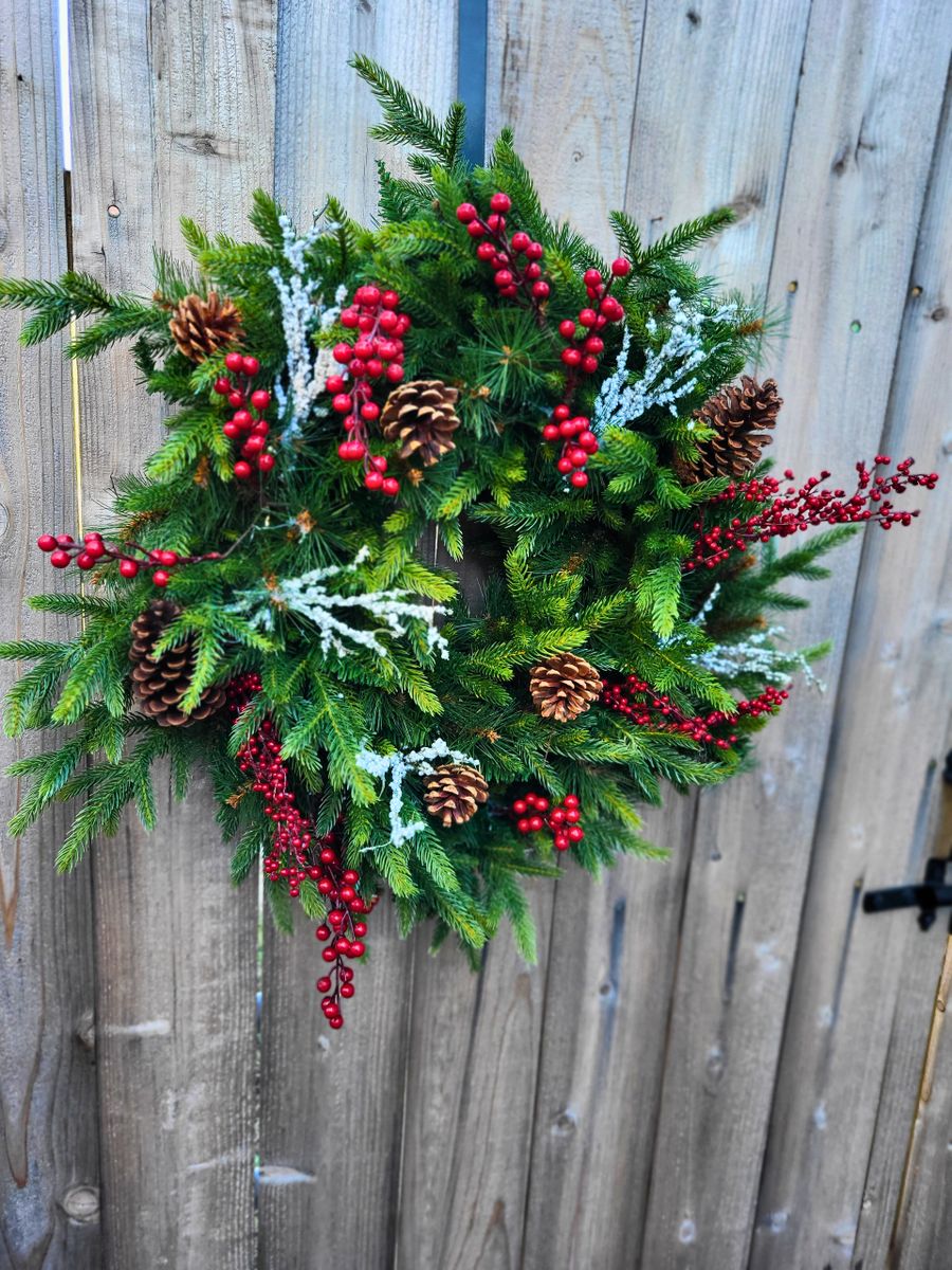 Colorado Spruce Greenery Wreath with berries, snowy branches, and pine ...