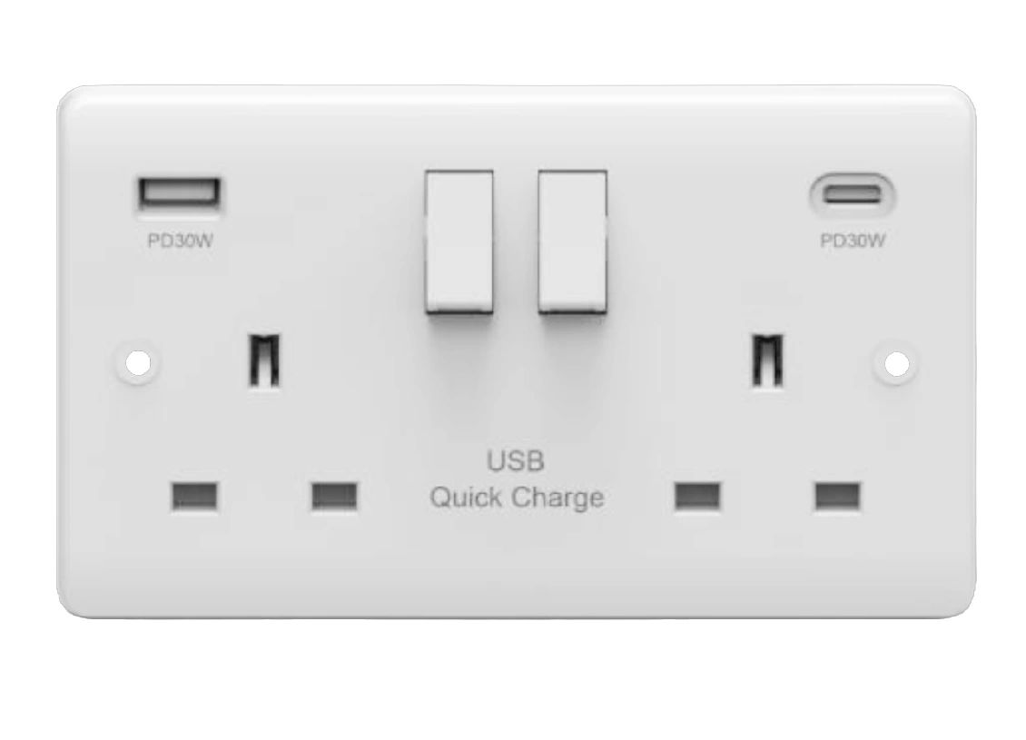 13A 2 Gang Switched SP Socket + USB + USBC Outlet (3.1A)