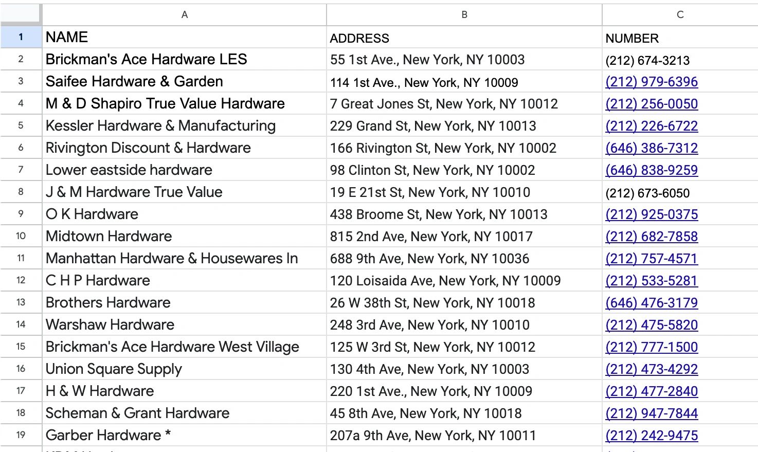 HARDWARE STORE LIST