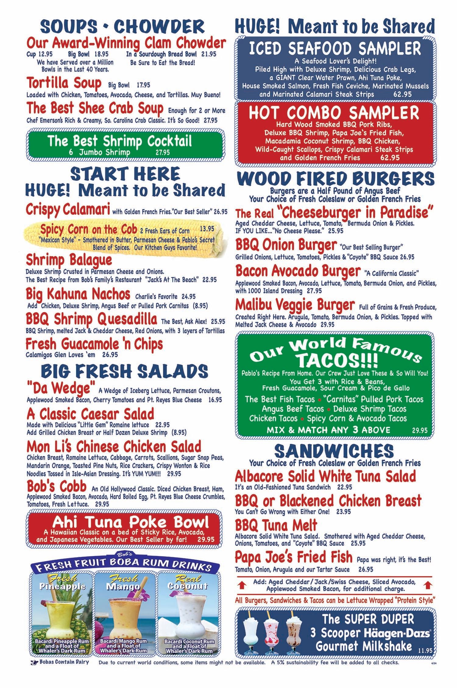 Paradise Cove Menu
