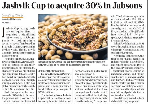Jashvik Cap to acquire 30% in Jabsons - Mint