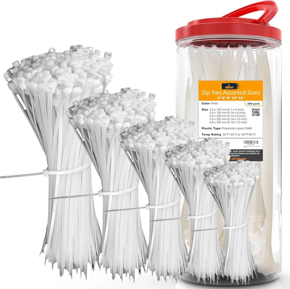 500 Pack 4+6+8+10+12 inch Plastic Cable Ties Wire Tie UV Resistant Nylon Tie Wraps Assorted Sizes