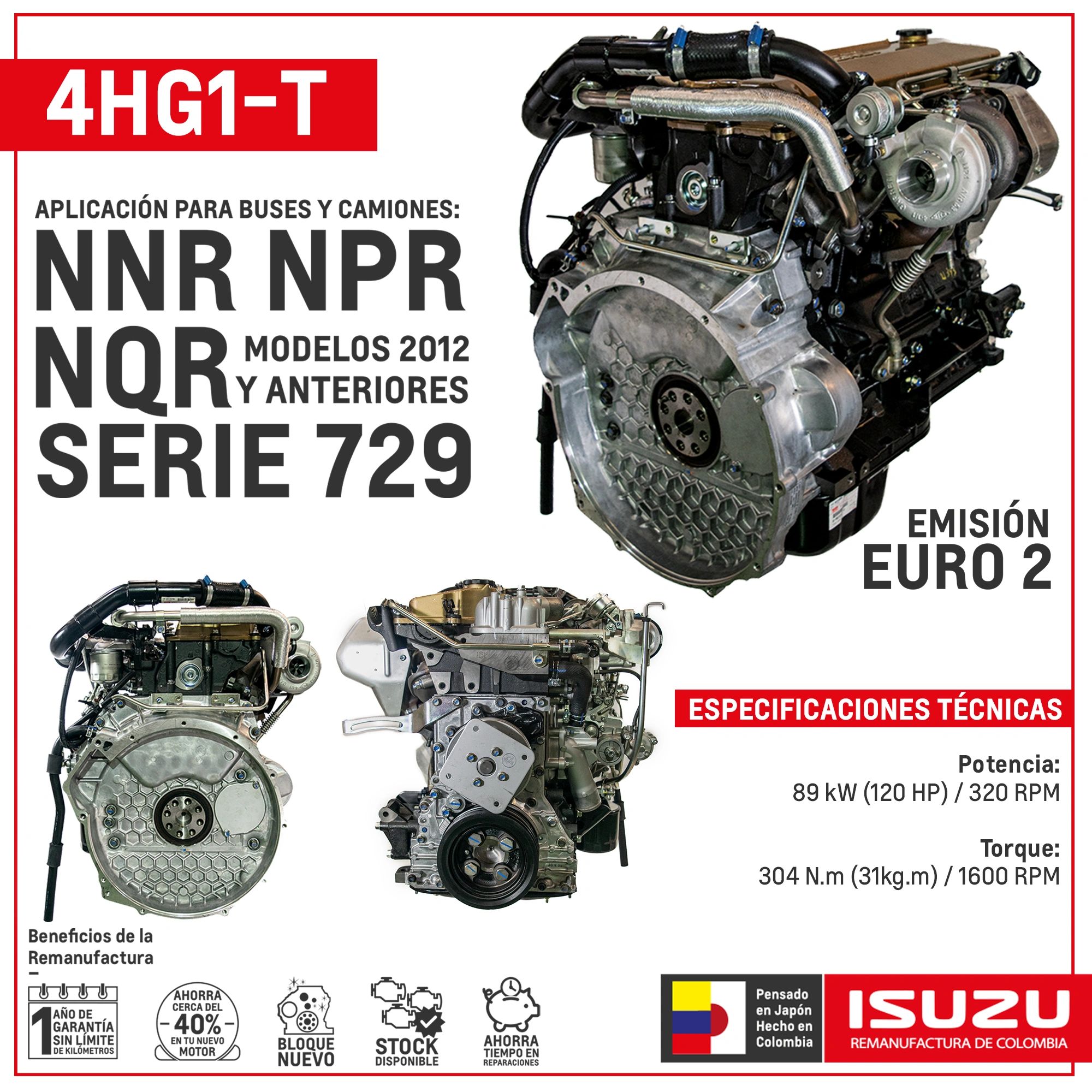 Motor para NNR, NPR y NQR (Serie 729) Remanufacturado 4HG1-T