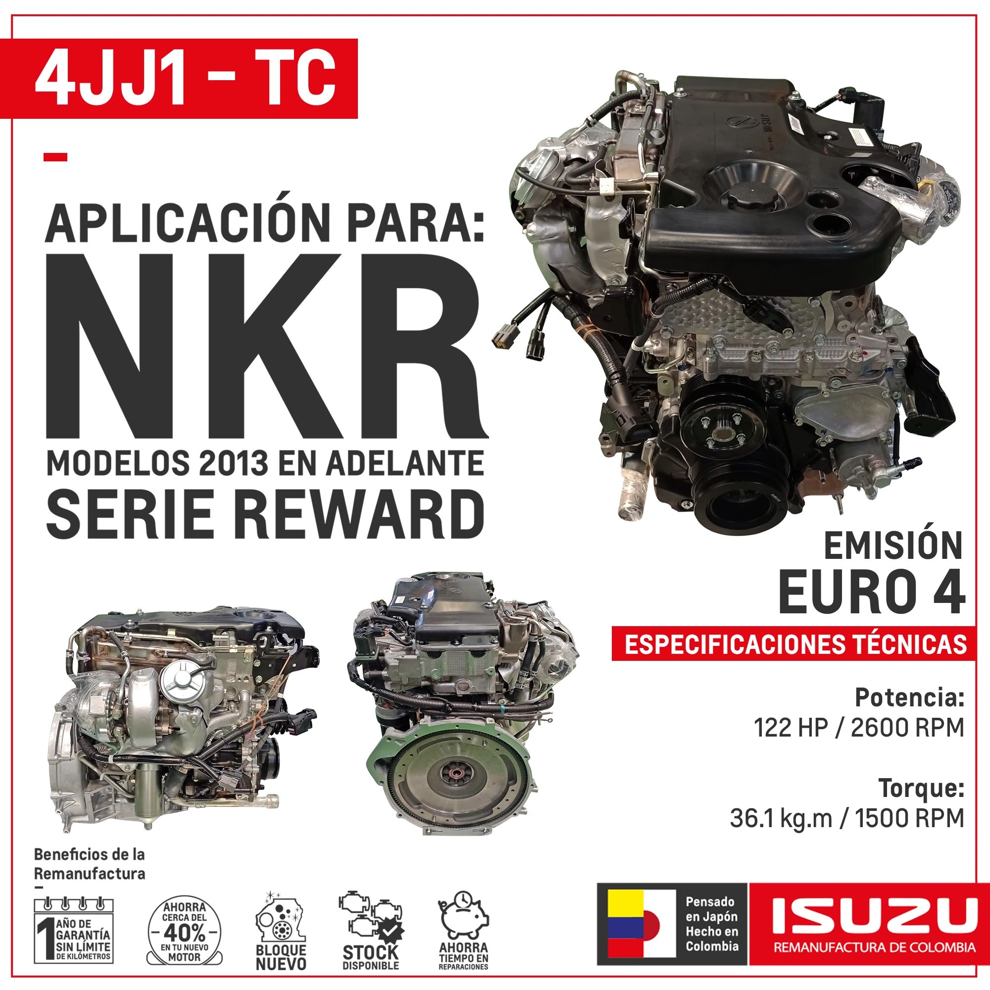Motor para NKR (Reward) Remanufacturado 4JJ1 - TCC