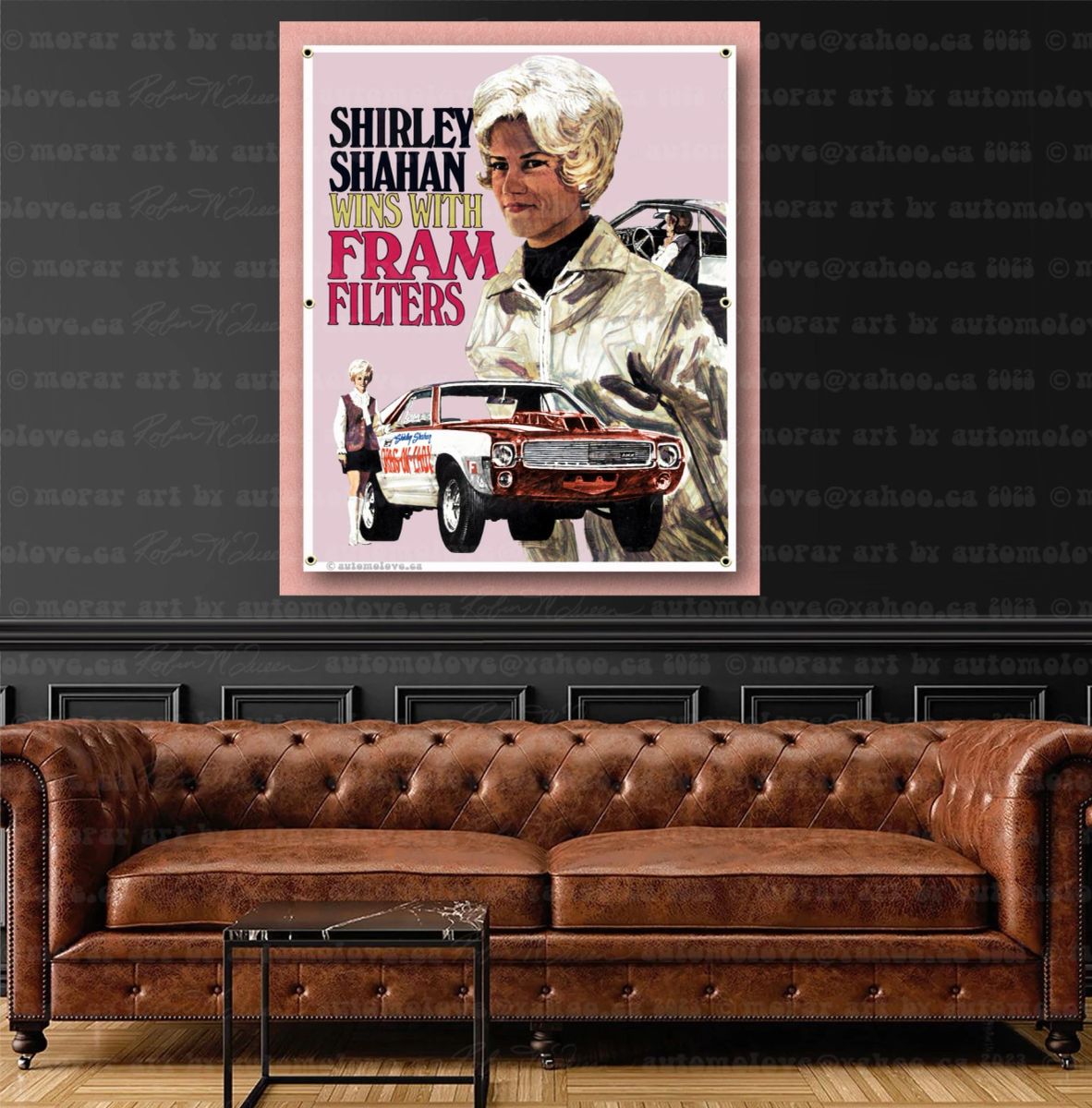 Shirley Shahan - Vintage Fram Filters ad - 24" x 29" vinyl banner.