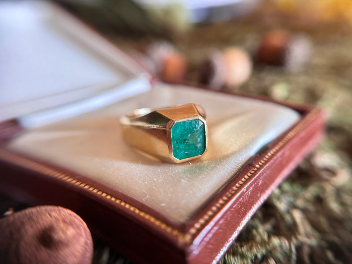 18k Yellow Gold Bezel Set Emerald Signet Ring for Him or Her