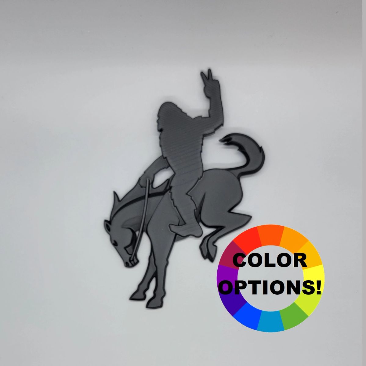 Sasquatch Riding Horse with Peace Sign Gesture Emblem