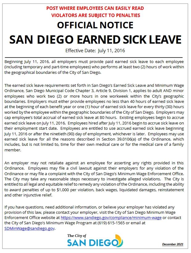 CA - San Diego Earned Sick Leave Poster
