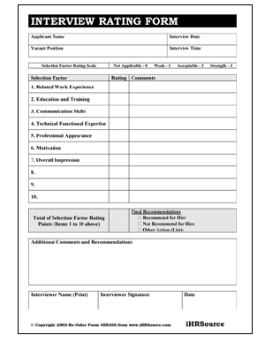 Interview Rating Form - Printed