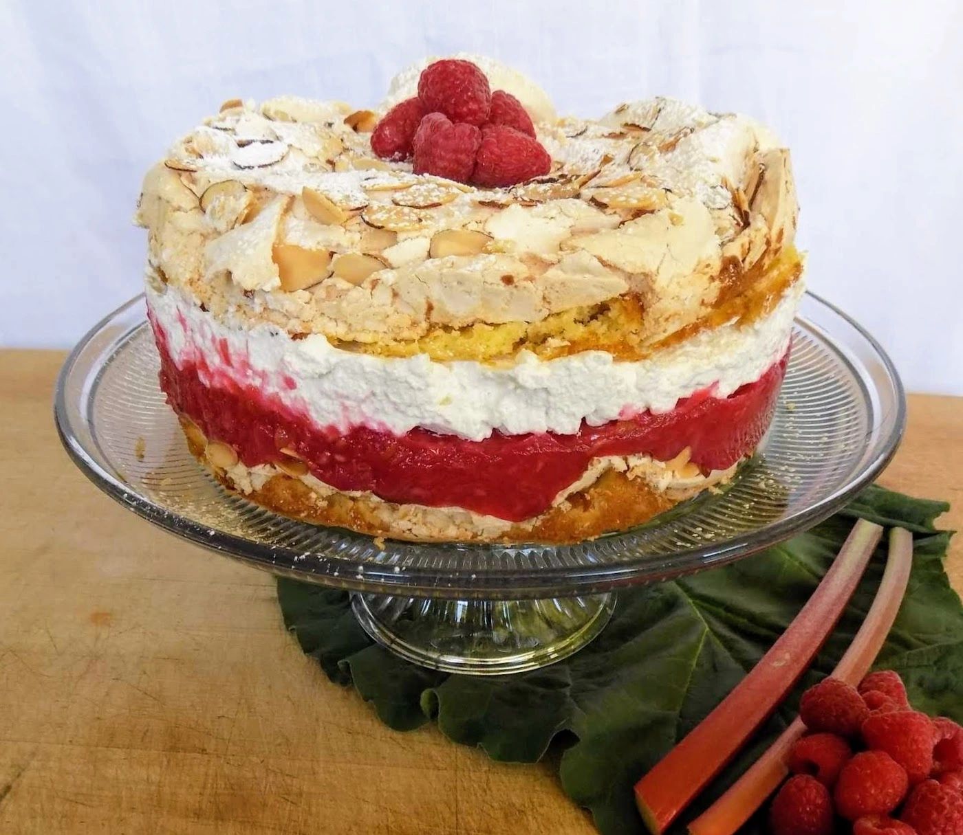Raspberry Rhubarb Meringue Cake
