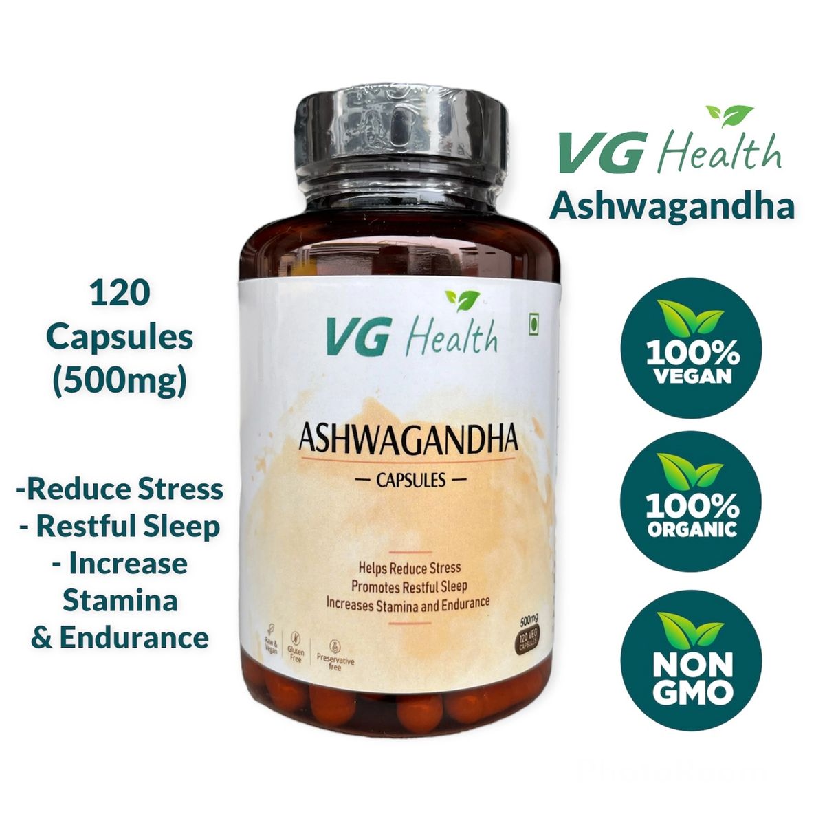 VG Health Organic Ashwagandha 500mg x 120 veg capsules