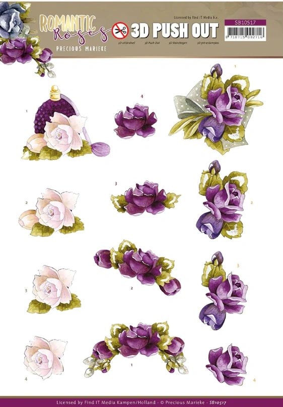 3D Diecut Push Out A4 Sheet - Romantic Roses - Purple Rose