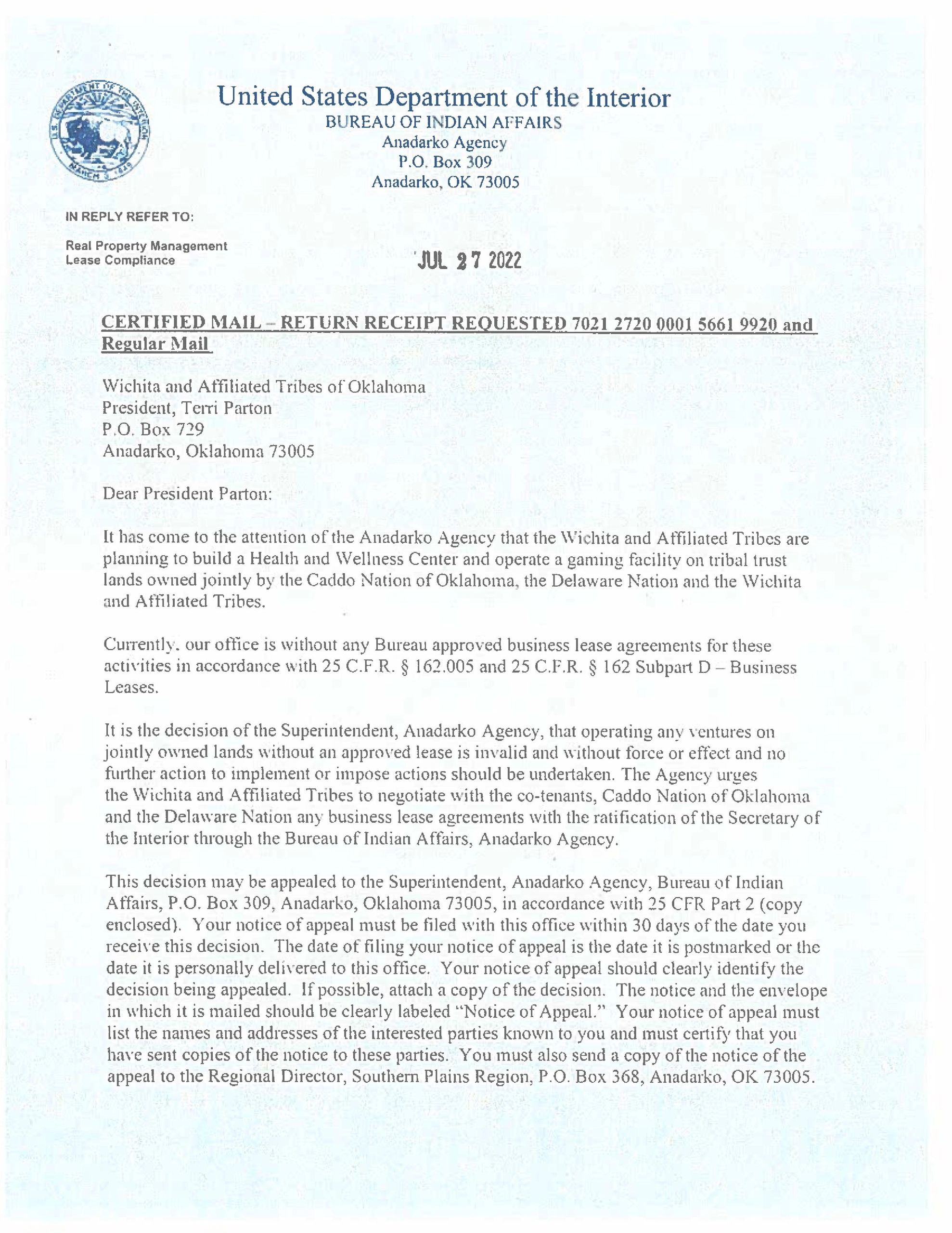 BIA Letter to Wichita and Affiliated Tribes