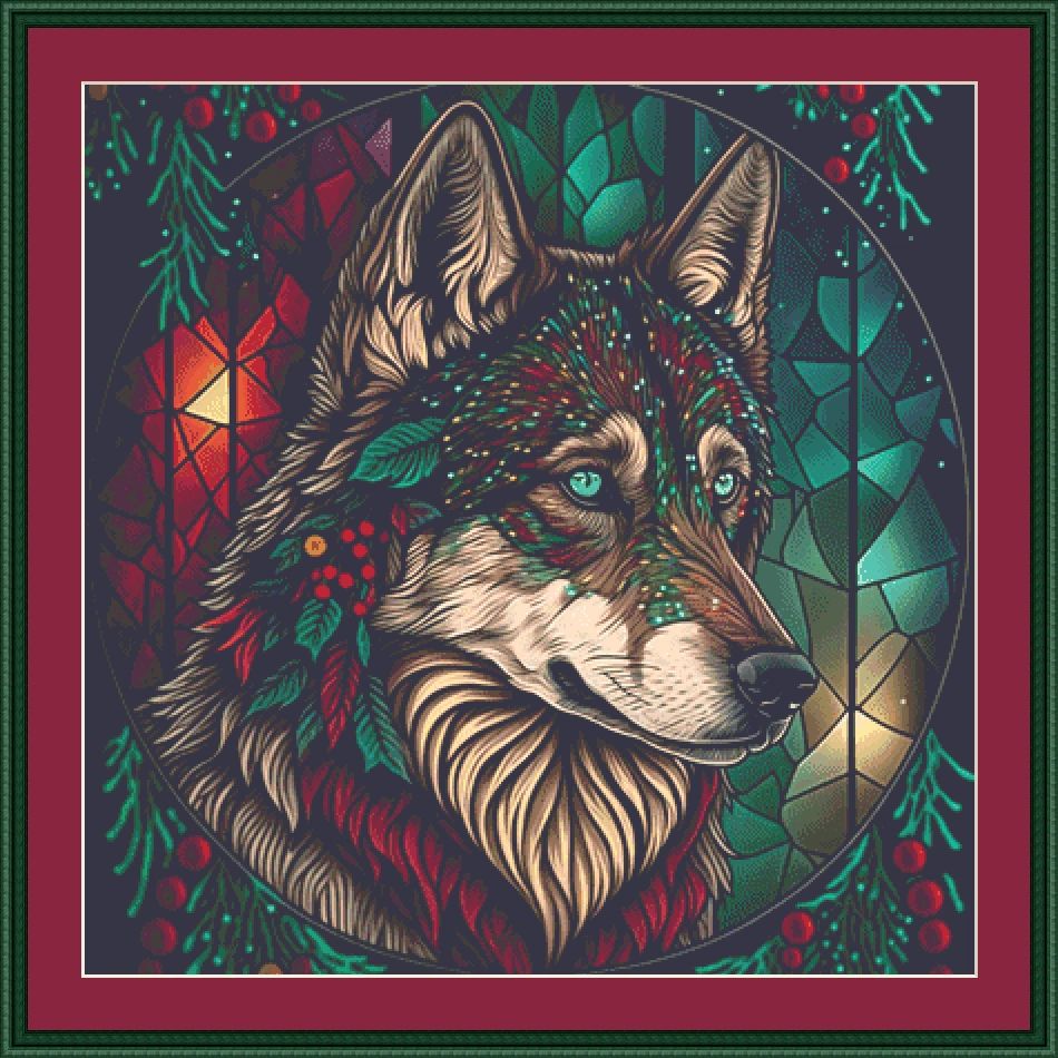 Stained Glass Christmas Wolf counted cross stitch pattern by Serr.Kai A ...