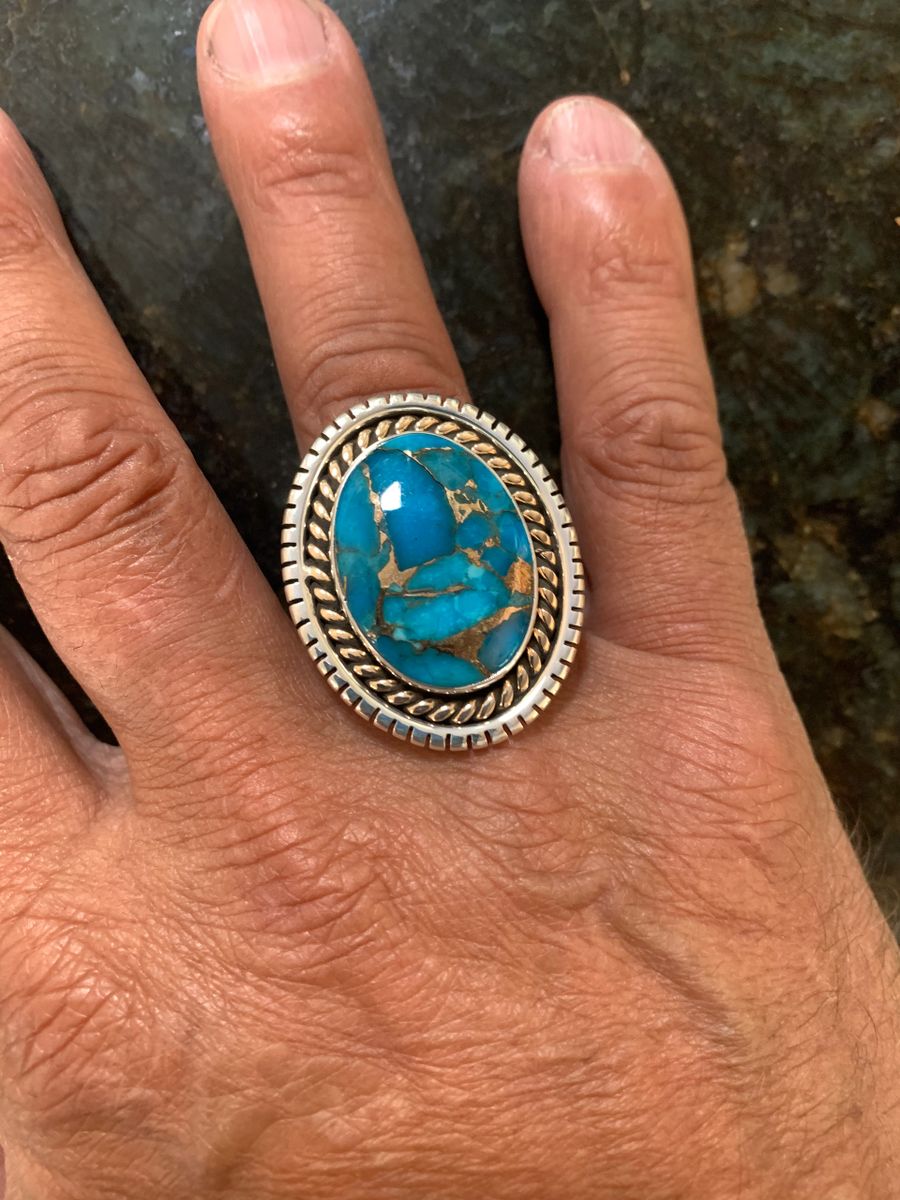 Unisex Sterling Silver and Turquoise Ring with Bronze Matrix
