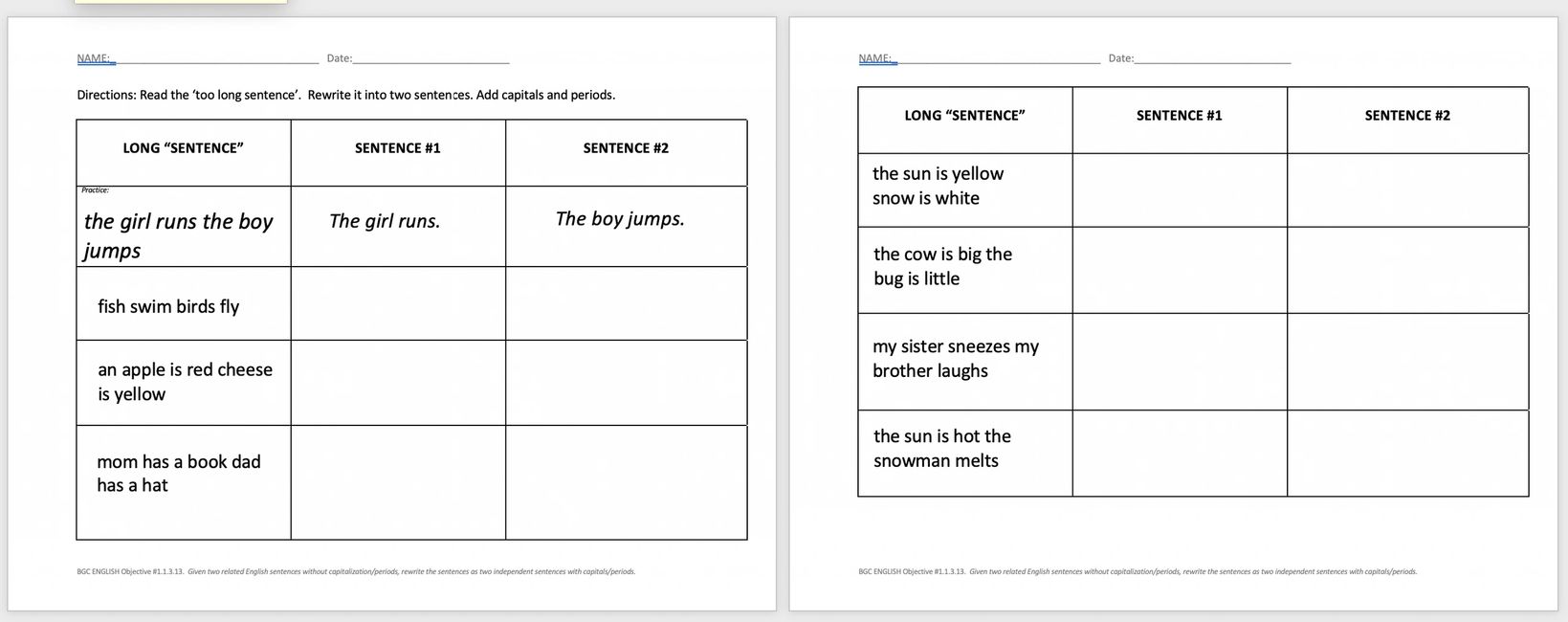 Complete Sentence sheet | Bedrock Literacy & Educational Services