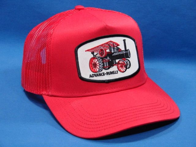 Advance-Rumely Patch On A Red Mesh Snapback Trucker Hat