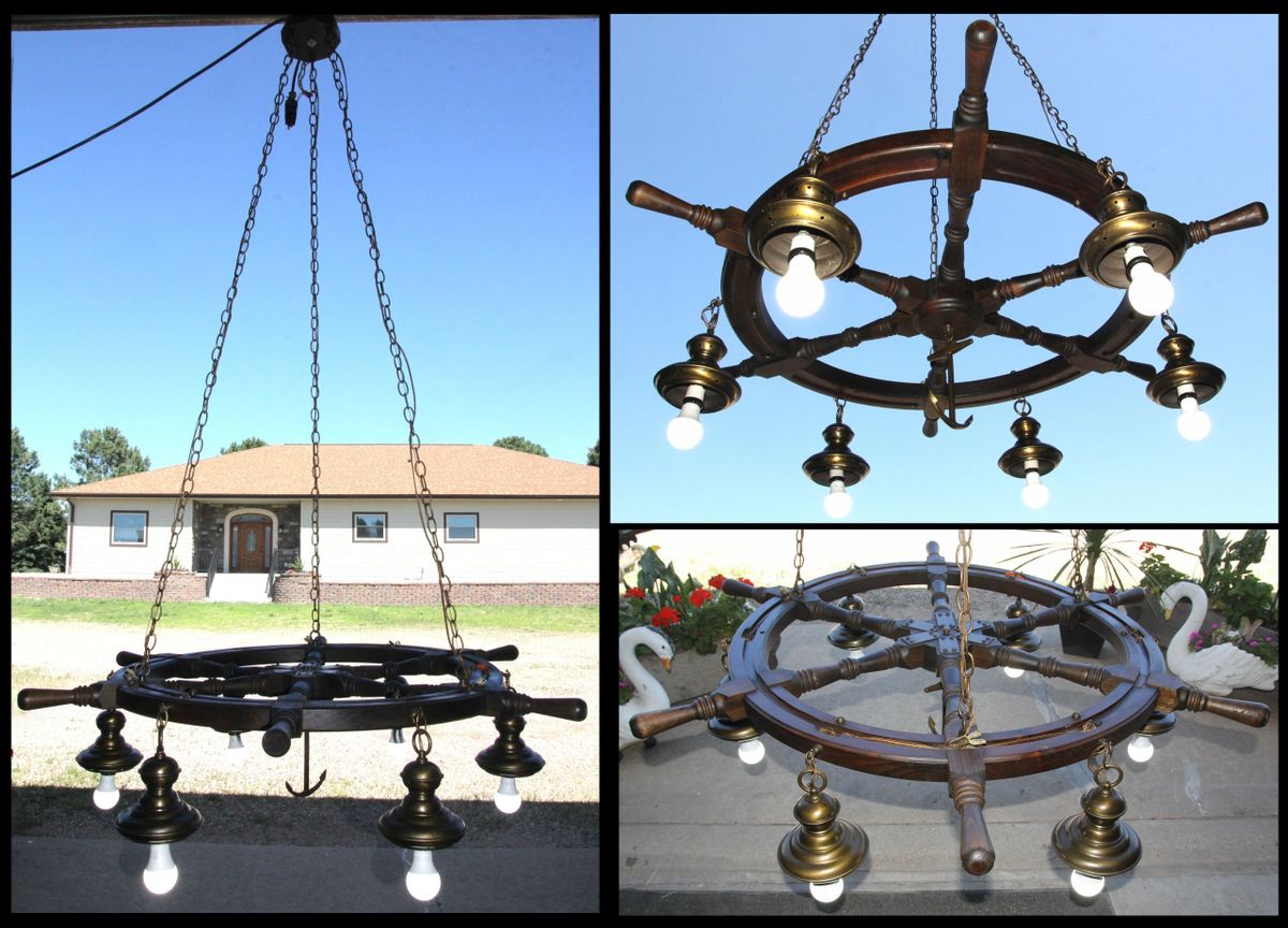 Mid Century Nautical Ship Helm Wagon Wheel Chandelier Light Fixture 6.5 ...
