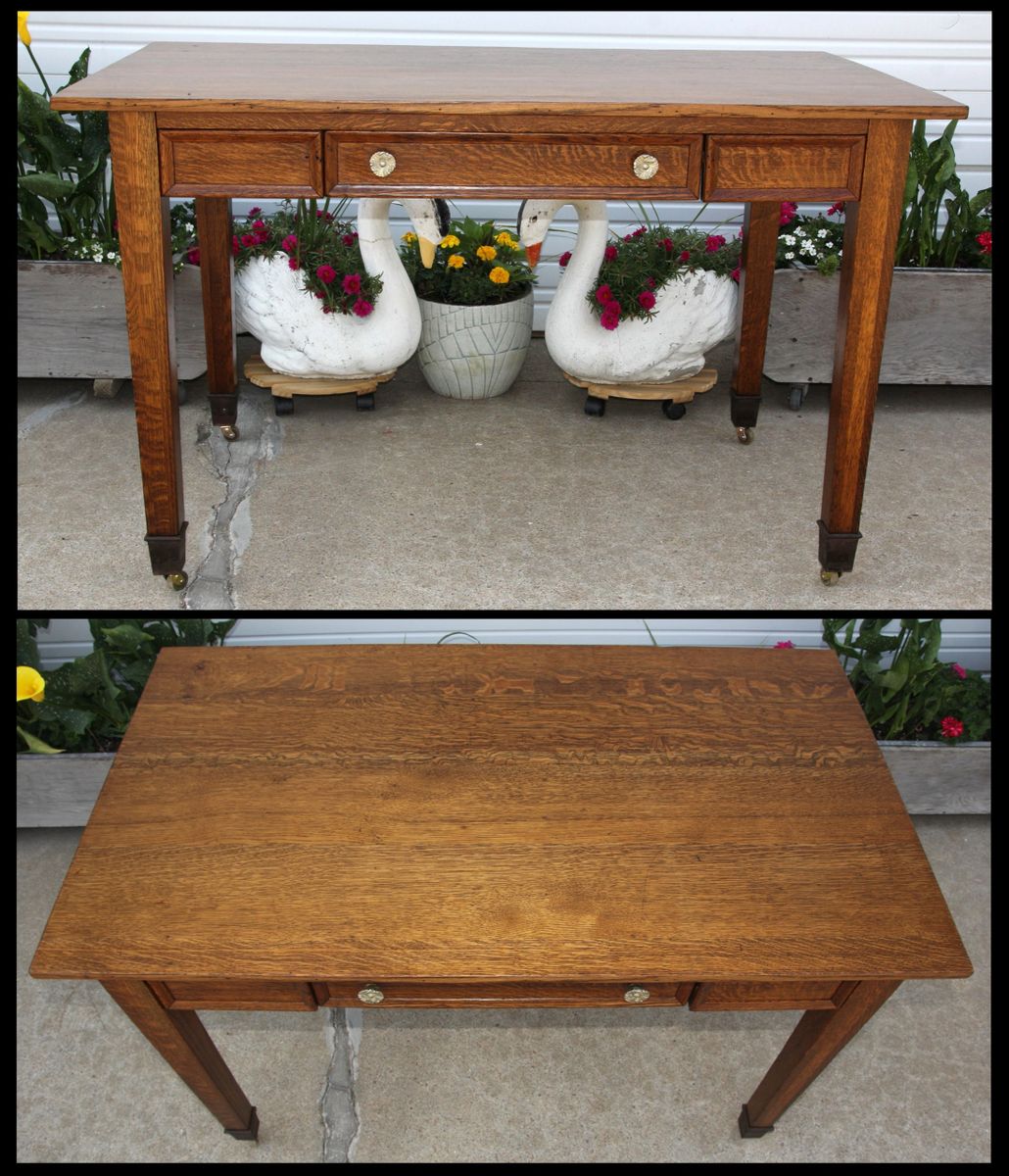 Brilliant Quartered Oak Desk/ Library Table w/ Cast Iron Industrial Cap ...