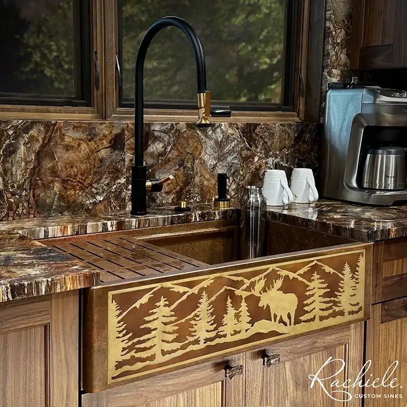Copper Farmhouse Sink Apron with Stunning Laser-Cut Bronze Inlay.