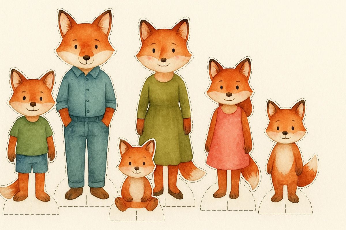Fox Paper Doll Family and Paper Dollhouse