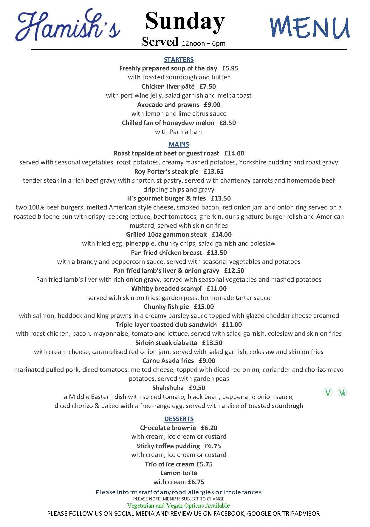 Menus | Hamish's cafe & Bar