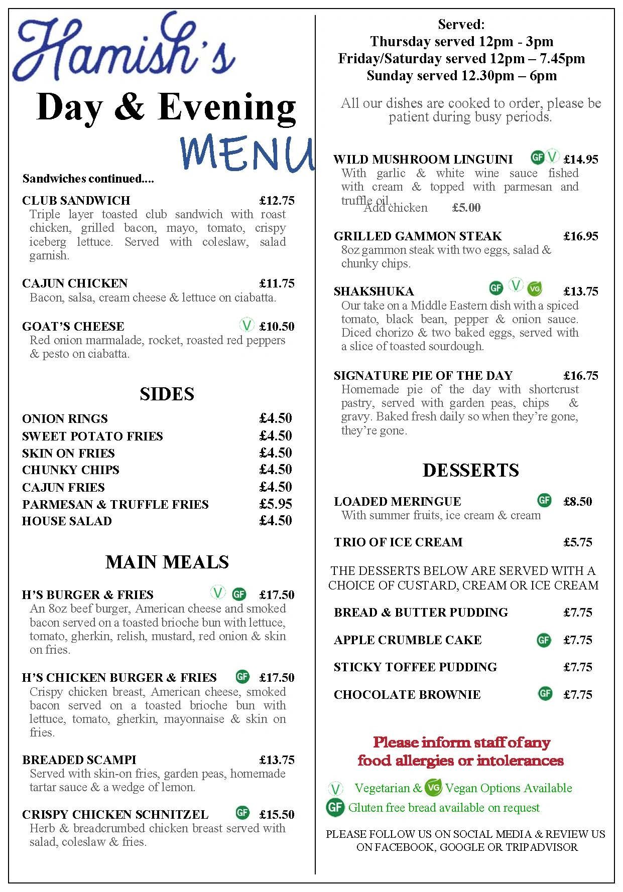 Menus | Hamish's cafe & Bar