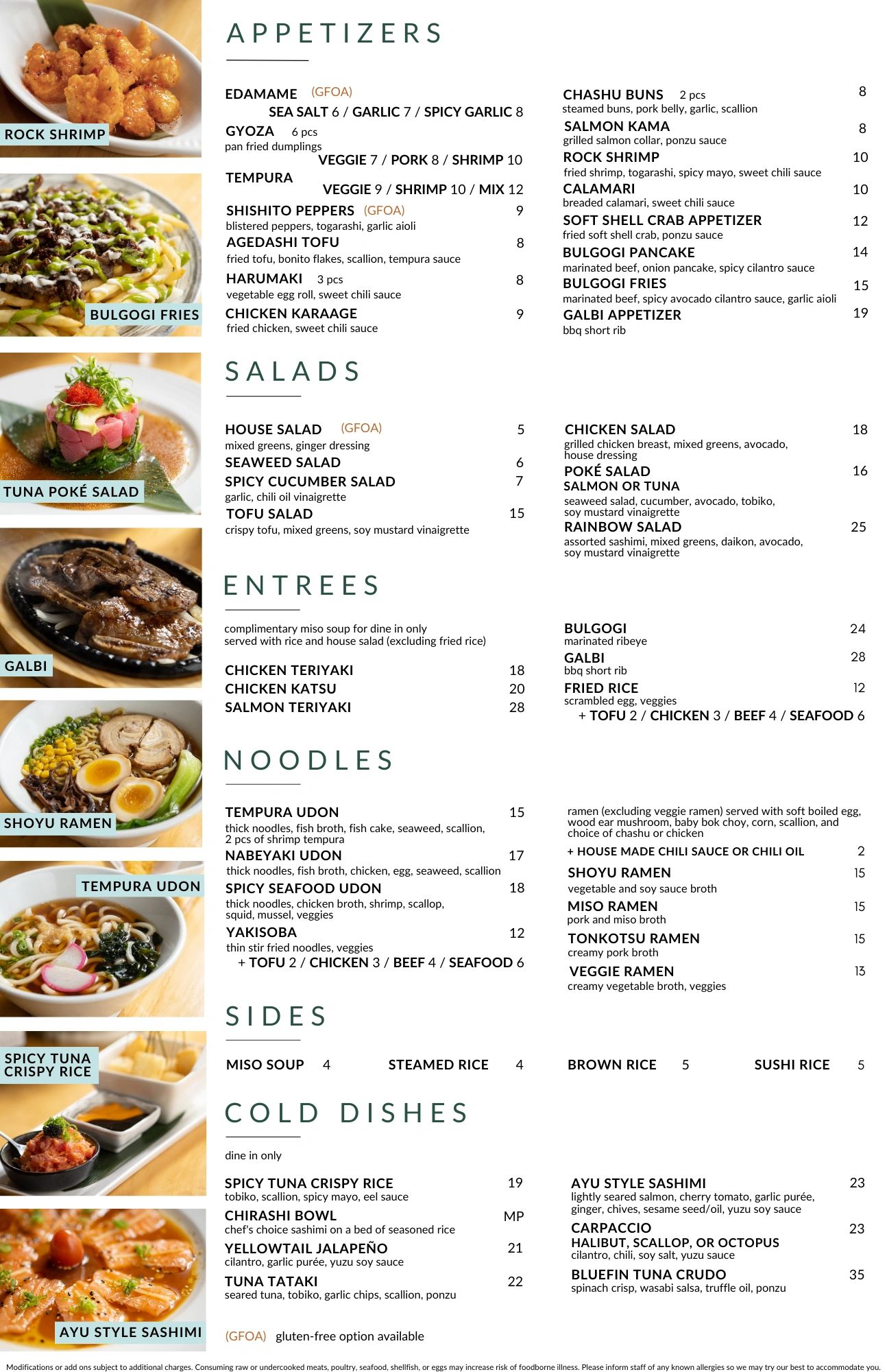 Ayu Sushi & Noodles Menu