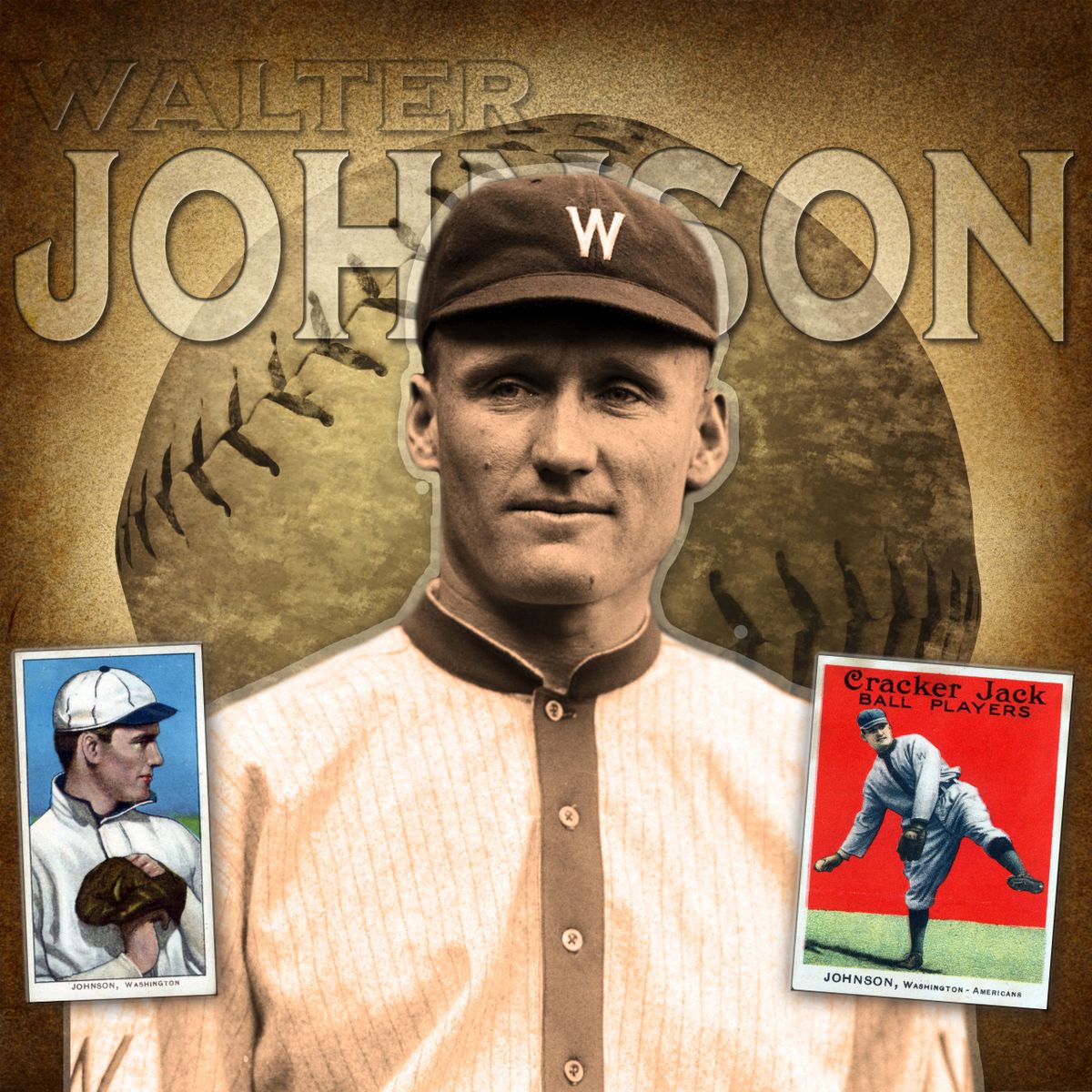 18x18 Walter Johnson Portrait Rustic Wood Baseball Card Sign Display