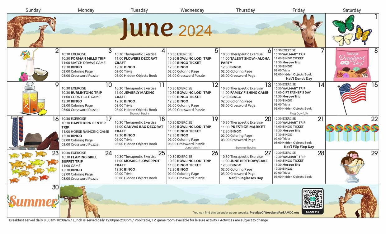 Activity Calendar | PRESTIGE OF WOODLAND PARK Adult Medical Day Care Center