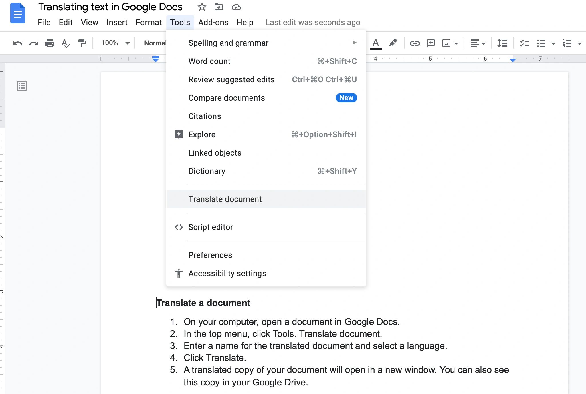 Translating in Google Docs