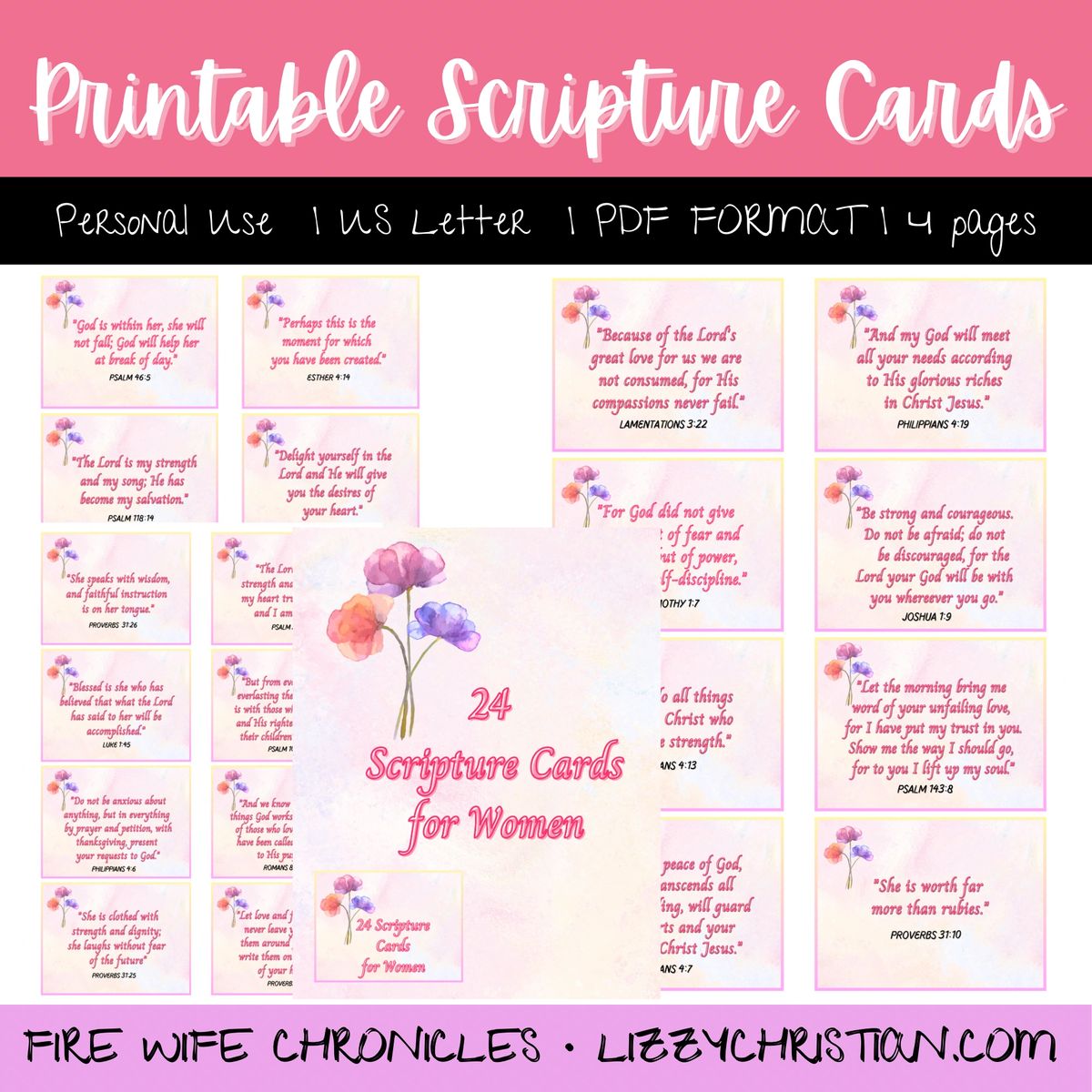 Printable Bible Verse Cards — Pink with Watercolor Flowers