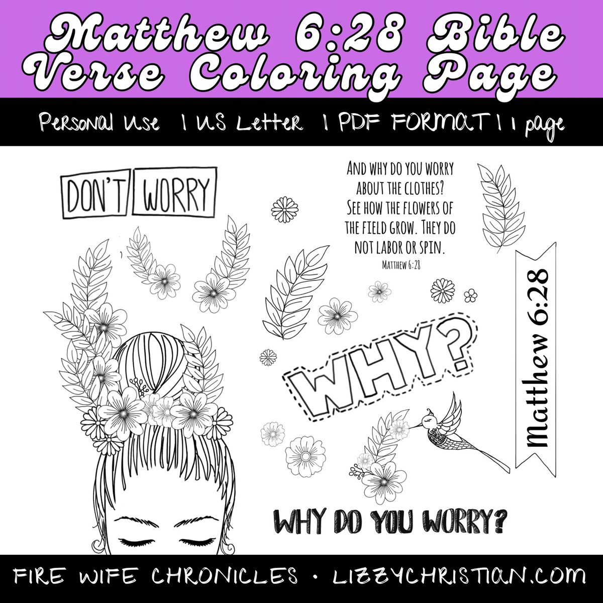 Matthew 6:28 Printable Bible Verse Coloring Page